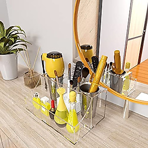 XQIGI Hair Tool Organizer, Acrylic Hair Dryer Styling Organizers,Clear Bathroom Blow Dryer Stand Holder with 2 Cups and Pearls, Countertop Storage for Toiletry Accessories Brushes(Clear)