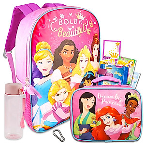 Color Shop Disney Princess Backpack and Lunch Box Set - School Supplies Bundle with Insulated Bag Plus Water Bottle, Stickers, More (Disney for Kids)