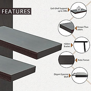 WELLAND 12" Deep Espresso Floating Shelf, Wall Shelf Display Floating Shelf, 35.43" L x 11.81" D x 2" T, Deeper Than Others, Espresso