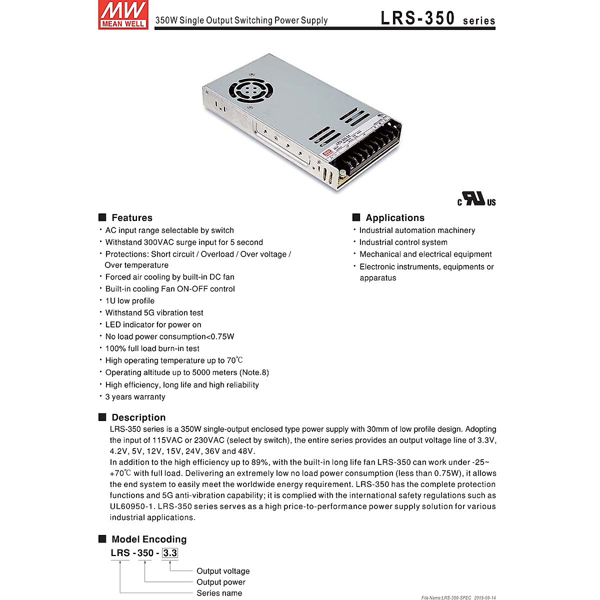 MEAN WELL LRS-350-48 350.4W 48V 7.3 Amp Single Output Switchable Power