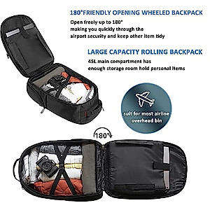 WIRABO Rolling Backpack Travel Wheeled Backpack 15.6 inch Laptop Backpack with Wheels Carry on Luggage Business Trolley Suitcase for Men Women Adults Computer Bag Black