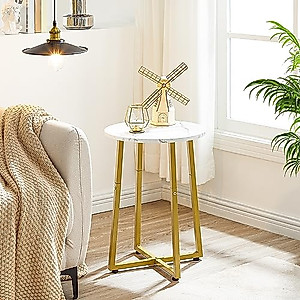 HOOBRO Round Side Table, Round Accent End Table with Sturdy X-Shaped Metal Frame, 15.7" Round Nightstand, for Living Room, Bedroom, Balcony, Office, Gold and Marble DM95BZ01