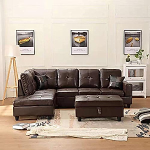 ERYE L-Shaped Corner 5 Seaters Chaise & Storage Ottoman,Modern Faux Leather Sectional & Sofa Couch with 2 Pillows for Home Office Apartment Living Room Furniture Sets, Brown PU Right