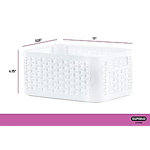 Superio Woven Plastic Storage Basket Box with Handles- Wicker Home Organizer Shelf Bins for Closet- Use for Socks, Jeans, Undershirts, Belts, Accessories (9 Quart, White)