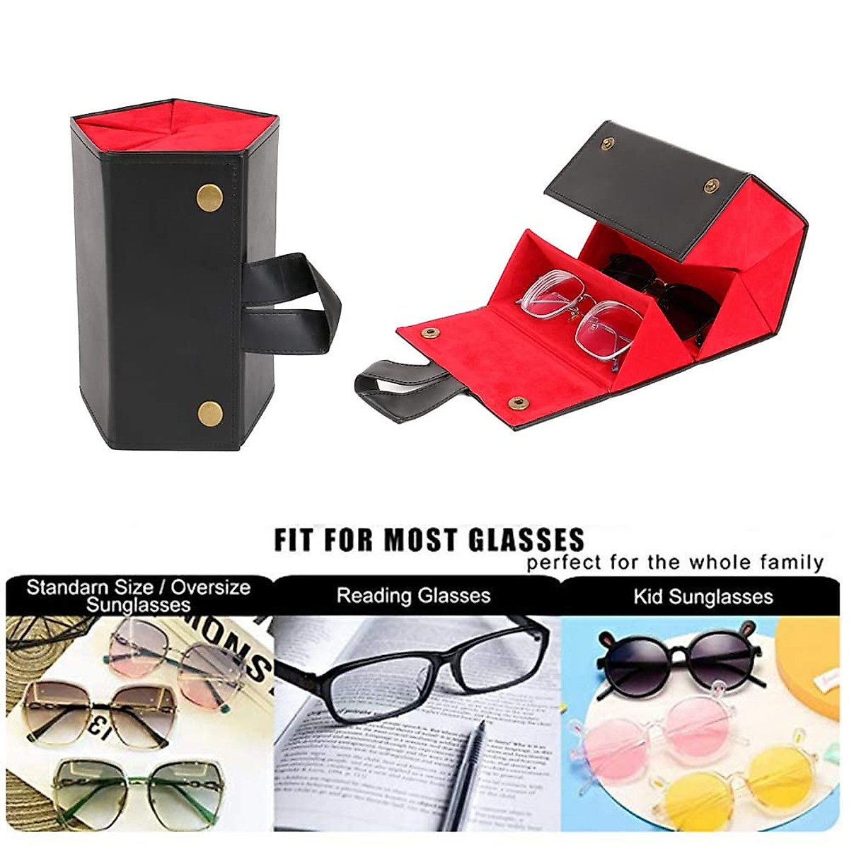 Mowsug Multiple Travel Sunglasses Organizer Case - PU Leather Hanging Foldable Eyeglasses Case (Red)