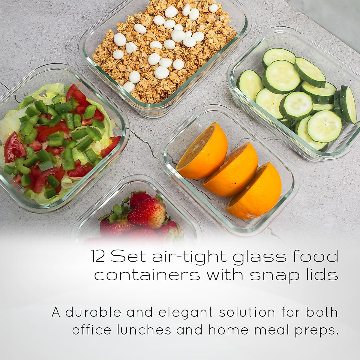 Ceybo 12 Set Air-Tight Glass Food Storage Containers with Snap Lids, Microwave-Safe, for Lunch, Meal Prep and Leftovers (Blue)