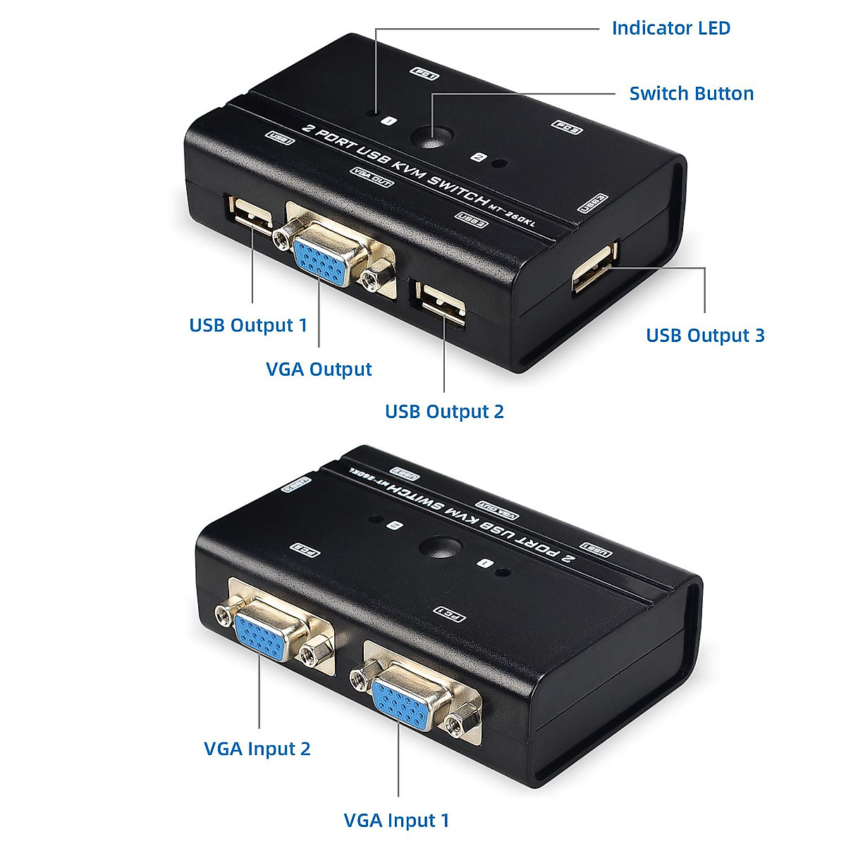 VGA USB KVM Switch, 2 Port VGA KVM Switcher Selector with Cables for 2PC Sharing 1 Video Monitor and 3 USB Devices Keyboard Mouse Printer Scanner