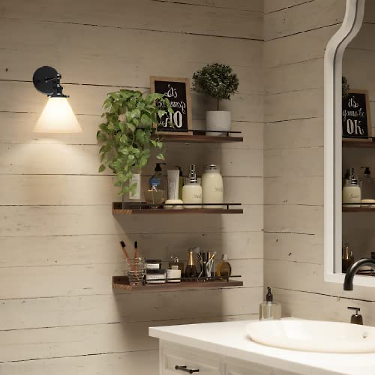 WOPITUES Floating Shelves with Black Metal Guardrail, Shelves for Wall Decor Set of 3, Wall Shelves for Bedroom, Bathroom, Kitchen, Living Room, Plants, Picture Frames, Art- Dark Brown