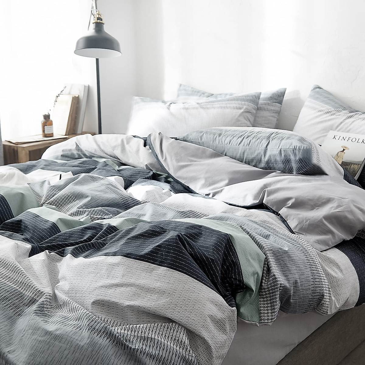 VClife Cotton Queen Duvet Cover White Grey Blue Stripe Bedding Sets Lightweight Modern Style Geometric Comforter Cover with Zipper Closure (1 Queen Size Duvet Cover and 2 Pillowcases) Breathable Soft