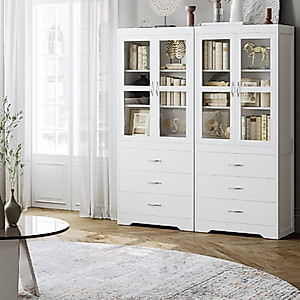 FOTOSOK White Kitchen Pantry Cabinet, 67’’ Tall Storage Cabinet with 2 Tempered Glass Doors, Modern Kitchen Cupboard, Bathroom Storage with 3 Shelves and 3 Drawers for Home Office