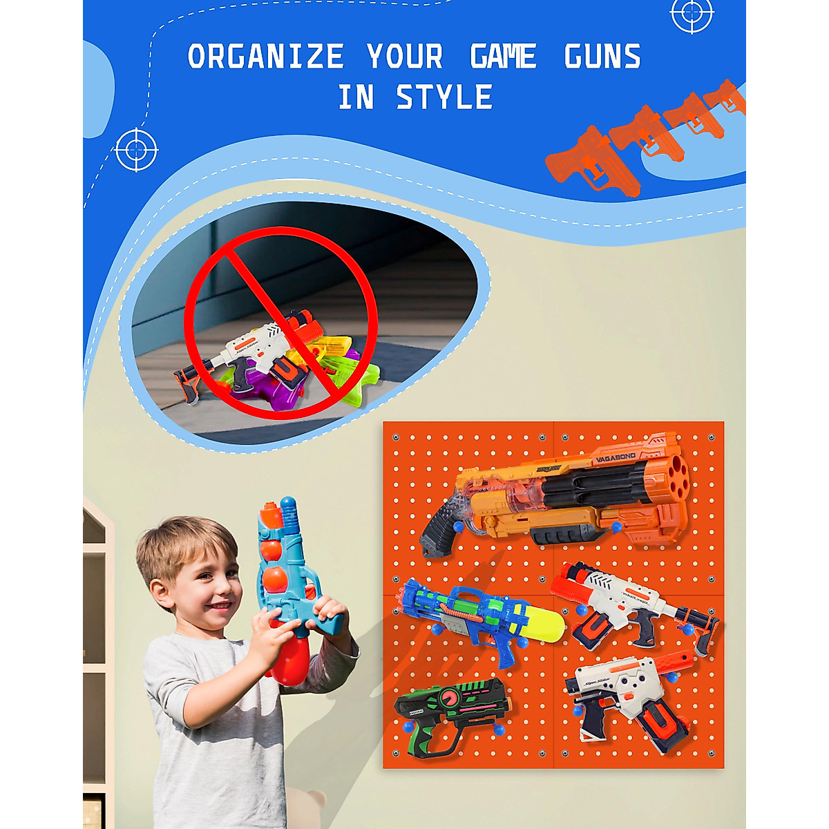 Skywin Peg Board for Nerf Gun Storage Organizer - Hanging Holder Compatible with All Blasters Nerf Gun Rack Organizer for Wall Organization (Orange)
