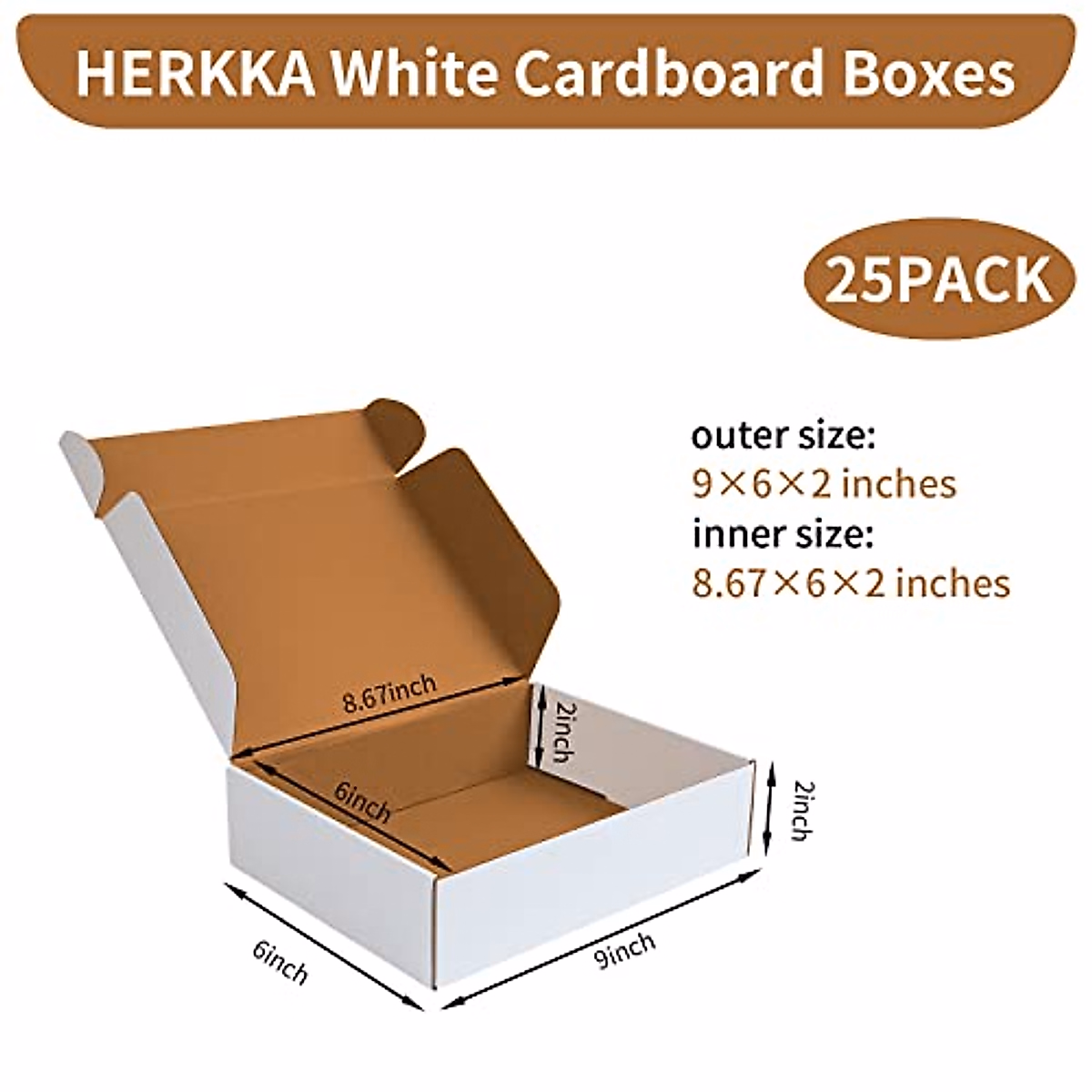 Shipping Boxes 9x6x2, HERKKA 25 PACK White Corrugated Cardboard Mailer Boxes, Medium Mailing Boxes for Packaging Small Business