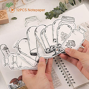 RISYPISY Mushroom Wooden Rubber Stamps, 10pcs Specimen Bottle Rubber Stamps & 12 Sheets Jar Shape Cards for Card Making, DIY Craft, Scrapbooking, Diary Decor