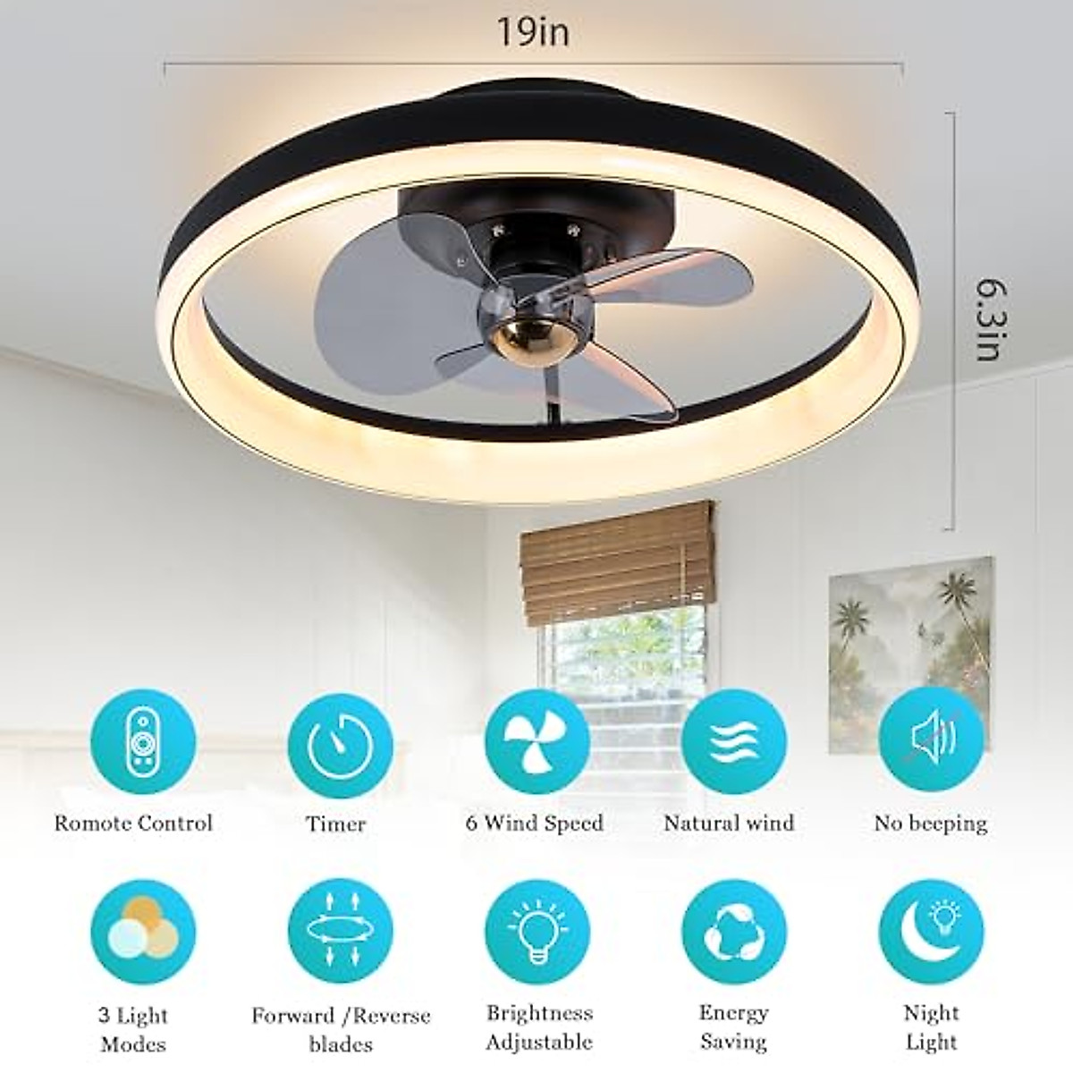 Sunny Hawaii Modern Ceiling Fans with Lights and Remote, 19.7in Dimmable LED 6 Speeds Reversible Blades Timing Indoor Low Profile Ceiling Fan Semi Flush Mount with Remote Control(black)
