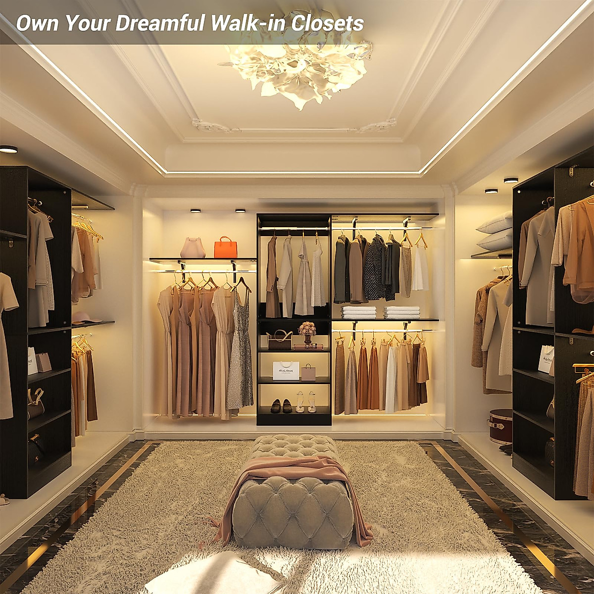 Armocity 96'' Closet System, 8FT Walk In Closet Organizer with 3 Shelving Towers, Heavy Duty Bedroom Wardrobe with 5 Shelves, Wall Mounted Clothes Rack (Can Be Cut To Fit), 96"L x 16"W x 75"H, Black