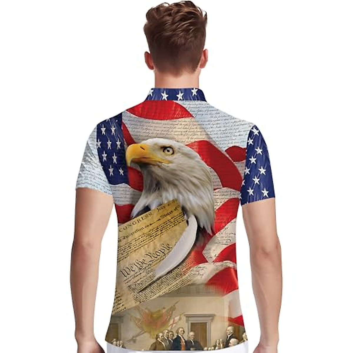 HIVICHI Golf Shirts for Men Funny Print Hawaiian Crazy Mens Polo Shirt Eagle Flag Shirt, X-Large, Aop-polo-81779