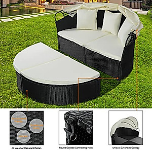 LUKEO Outdoor Patio Sofa Furniture Round Retractable Canopy Daybed Black Wicker Rattan
