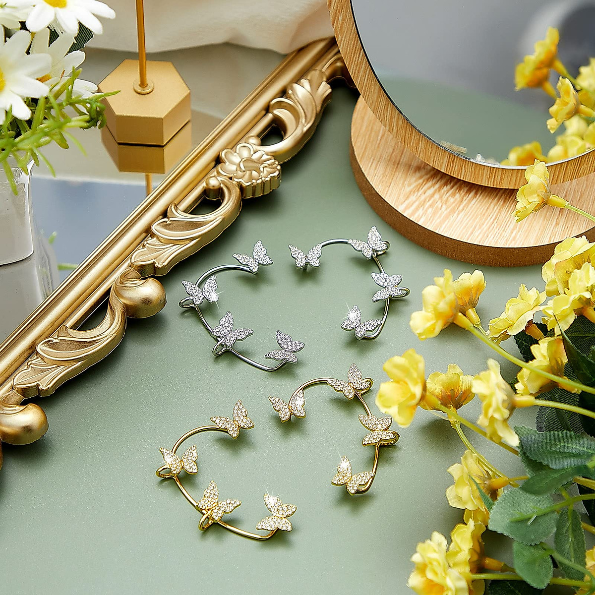 Bonuci 4 Pcs Butterfly Ear Cuff Earrings Glitter Rhinestone Butterfly Ear Cuff for Women Wrap Crawler Earrings No Piercing Butterfly Ear Clip Wrap Around Fake Earrings (Gold, Silver,Regular Style)