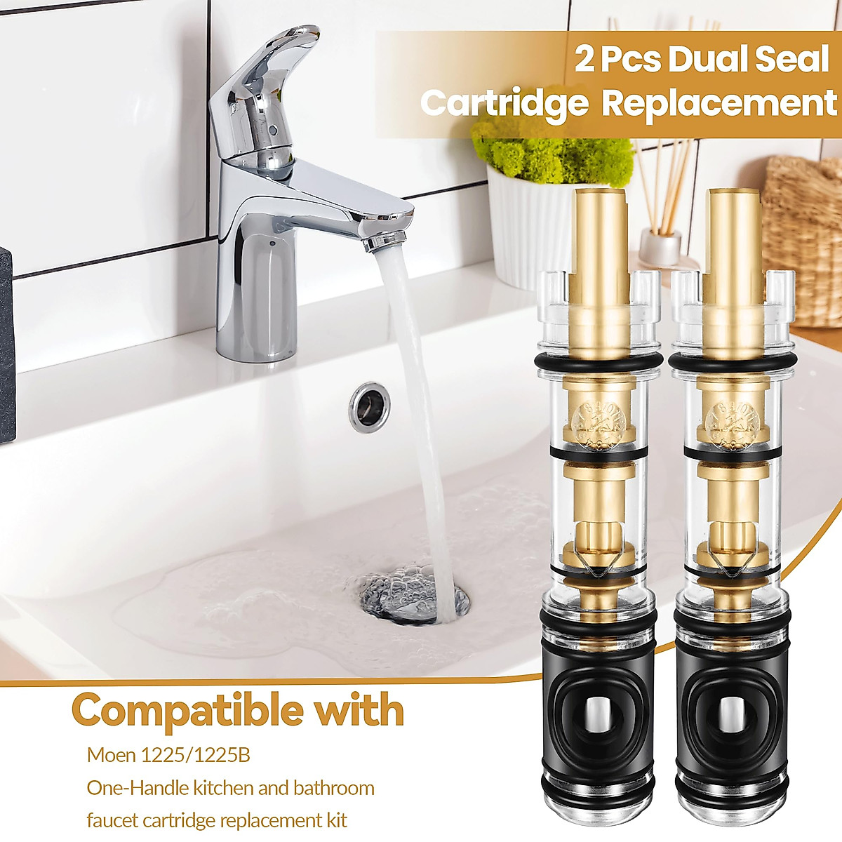 Fluronic 2 Pack 1225 Replacement Cartridge Compatible with Moen Single Handle Faucet/Showers, Dual Seal 1225/1225B Shower Cartridge Replacement Fits Bathroom Shower and Kitchen Sink Faucet Cartridge