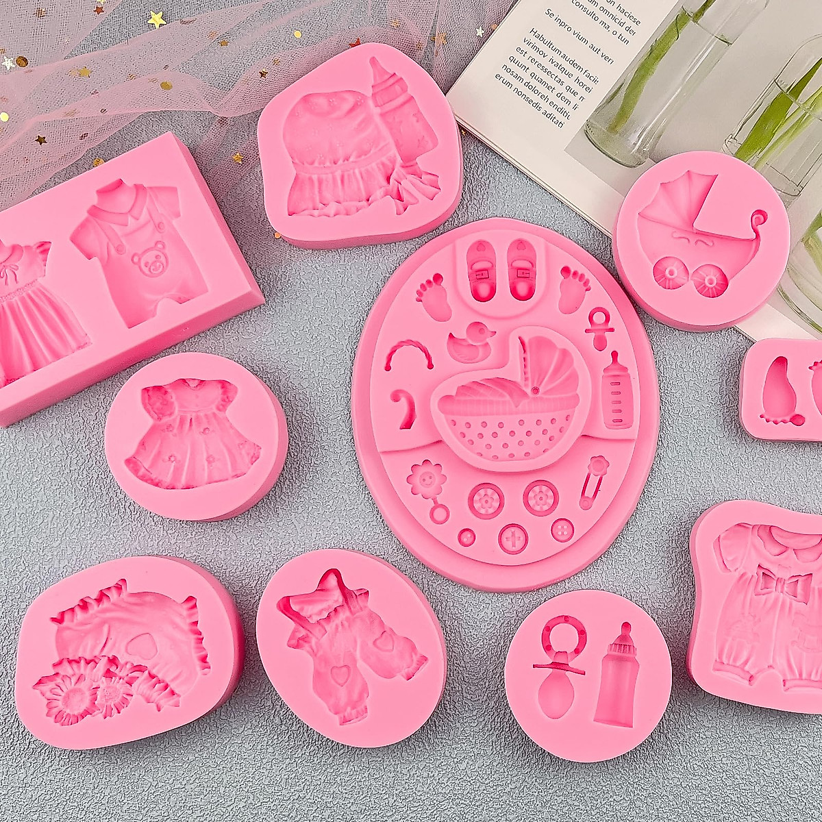 Baby Showers Fondant Molds 4 Pcs, Bottle Stroller Skirt Chocolate Cake Decoration Silicone Mold for DIY Candy Sugar Craft, Cookies, Marzipan, Flower Paste, Dough, Resin, Clay