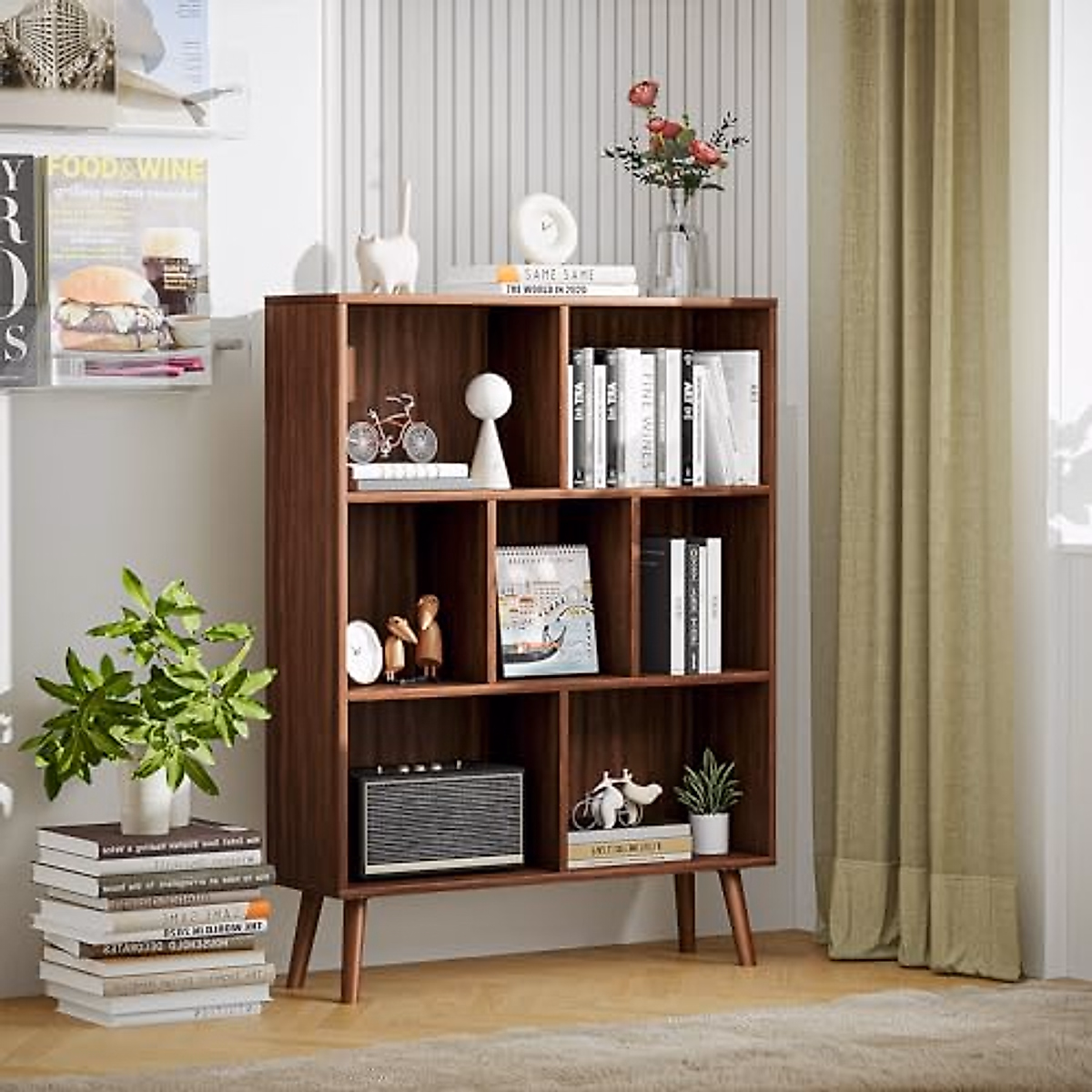 DIFY Wooden Bookcase 7 Cube Open Bookcase with Legs, Display Bookshelves Storage Organizer Shelf for Living Room, Home Office and Bedroom, Walnut