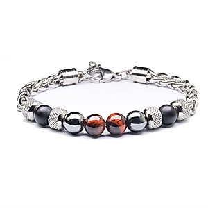 Auoy Dhof Tiger Eye Bracelet Beaded Couple Bracelet for Women and Men Titanium Steel Chain Adjustable 8 mm (Red)