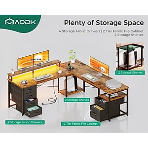 AODK 66" L Shaped Computer Desk, 113“ Reversible Home Office Desk with File Cabinet & 4 Fabric Drawers, Two Person Desk with LED Lights & Power Outlet, Corner Gaming Desk with Monitor Shelf, Vintage