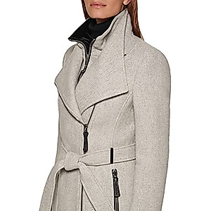 Calvin Klein Women's Angled Twill Fabric Wing Collar Coat, Light Grey, Large