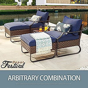 Festival Depot Outdoor Ottoman Patio Bistro Furniture Footstool Foot Rest with All-Weather Premium Fabric Soft Blue Cushion Brown Wicker Rattan and U Shaped Slatted Steel Legs for Garden Yard Lawn