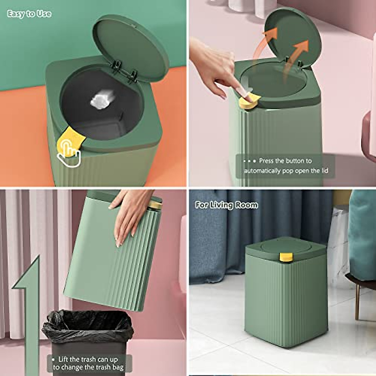 YISTOS Mini Countertop Trash Can with Lid, Green Waste Press Type Lid,Mini Bin for Coffee Table,Removable Liner Bucket, Small Can, Bathroom Vanity Top,Desktop, Office or Table