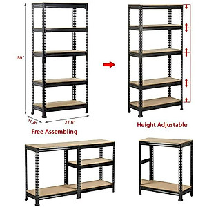 SKONYON Storage Shelves 5 Tier Adjustable Garage Storage Shelving Unit for Warehouse Kitchen Office, 27.6" W x 11.8" D x 59" H, Black