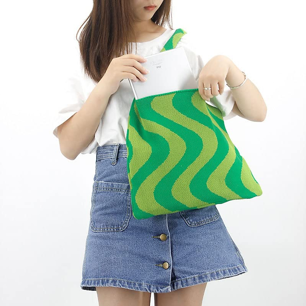Woven Tote Bag, Knitted Messenger Bag Wavy Striped Shoulder Bag Underarm Colorblocking Women'S Bag (blue-green)