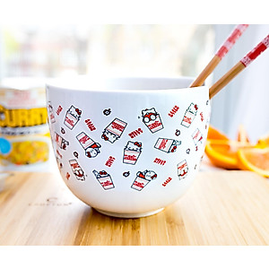 Toynk Sanrio Hello Kitty x Nissin Cup Noodles Ceramic Dinnerware Set | Includes 20-Ounce Ramen Noodle Bowl and Wooden Chopsticks