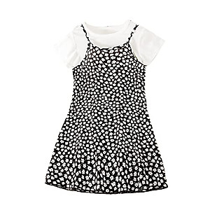 MakeMeChic Baby Girl's 2 Piece Outfits Solid Short Sleeve Tee Shirt Floral Cami Dress Set Black and White 110