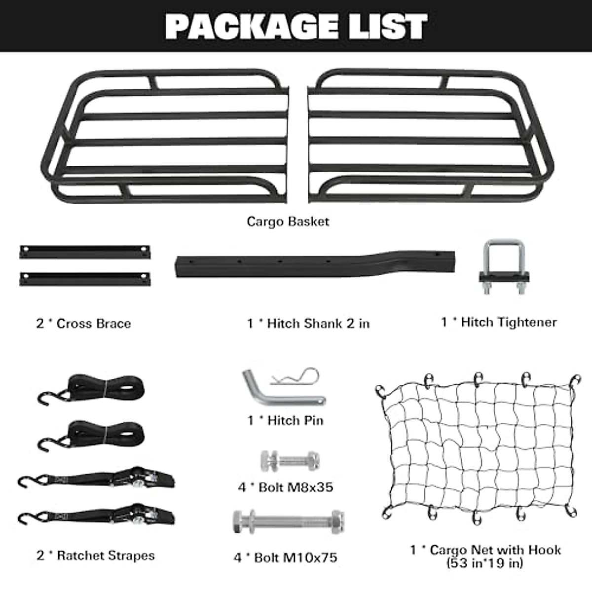 WEIZE 53 x 19 x 4-1/8 Inch Hitch Cargo Carrier, 500 lbs Capacity Steel Hitch Cargo Rack Basket with Net, Strap, Tightener for Car SUV Truck Traveling Camping, 2" Receiver