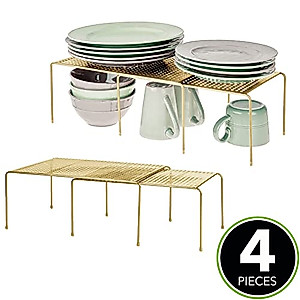 mDesign Adjustable Raised Metal 4-Piece Kitchen Stacking Organizer, Expanding Storage Rack - Cupboard, Pantry Shelf, Non-Skid Feet, Hold Dishes, Bowls, Mugs, Concerto Collection, 2 Pack, Soft Brass