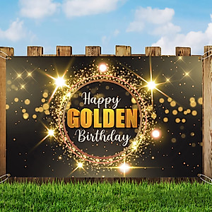 MELTELOT Happy Golden Birthday Backdrop Banner-Gold Black Glitter Wedding Bridal Baby Shower Party Banner-Awards Ceremony Girls Luxury Background Backdrop 6x4ft