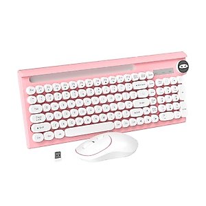 Typewriter Style Wireless Keyboard and Mouse Combo, Cute Pink Wireless Keyboard Mute Keyboard 2.4G with Retro Round Keycap Ergonomic Design and Waterproof Keyboard Mouse Combo, White & Pink