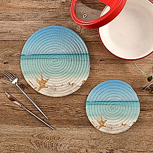Summer Starfish Sandy Hot Mats Pads for Kitchen Heat Resistant, Seaside Coast Decorative Trivets for Hot Pots Pans Counter Tops Dining Washable Pot Holder Coasters Set