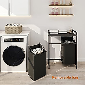 LAATOOREE Double Laundry Hamper with Top Shelf, Two-Color Tall Laundry Basket with 2 Removable Laundry Sorter Bags, Clothes Hamper for Laundry Room, Bedroom - Black Walnut and Black