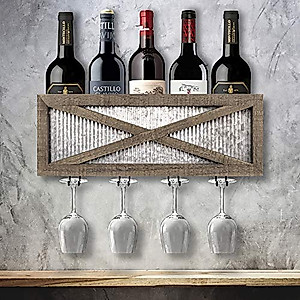 Autumn Alley Rustic Barn Door Wine Rack with Glass Storage - Country Home Decor Rustic Farmhouse for Kitchen, Dining Room – Wood and Metal Wine Wall Mount Storage – Holds 5 Bottles, 4 Stemmed Glasses