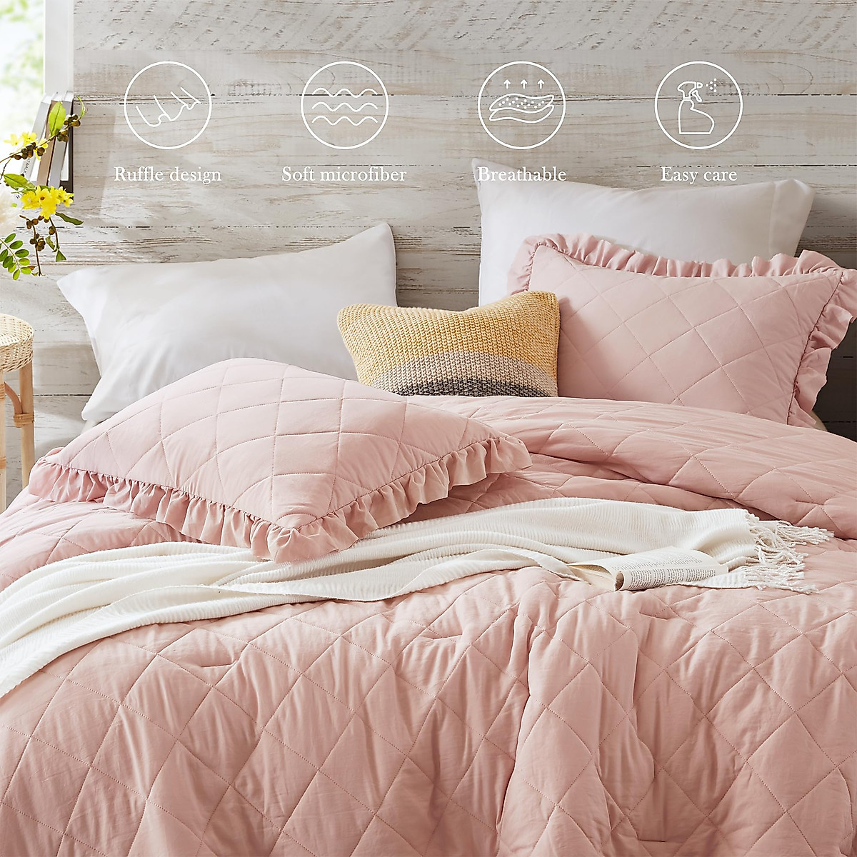 Degrees of Comfort Pink/Blush Ruffle Bedding Set, Shabby Chic Farmhouse Twin Size Comforter, Boho Fluffy Cozy Washed Microfiber Bed Sets for Girls, 3 Piece with Ruffled Pillow Shams