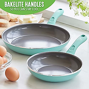 GreenLife Soft Grip Diamond Healthy Ceramic Nonstick, 7" and 10" Frying Pan Skillet Set, PFAS-Free, Dishwasher Safe, Turquoise
