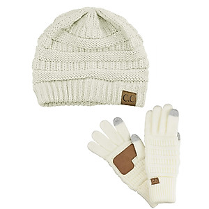 C.C Unisex Soft Stretch Cable Knit Beanie and Anti-Slip Touchscreen Gloves 2 Pc Set, Ivory