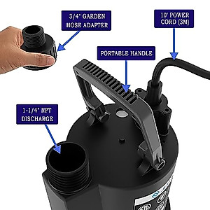 JEFLIKE 1/4HP Water Pump 1980GPH Utility Pump Sump Pump Submersible Thermoplastic Rotatable Handle for Hot Tub Basement Pond Pool Draining