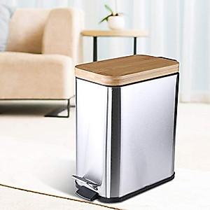 KASFDBMO Step Trash Can Garbage Rubbish Bin With Bamboo Lid Waste Container Bathroom Kitchen Office Decor, Black