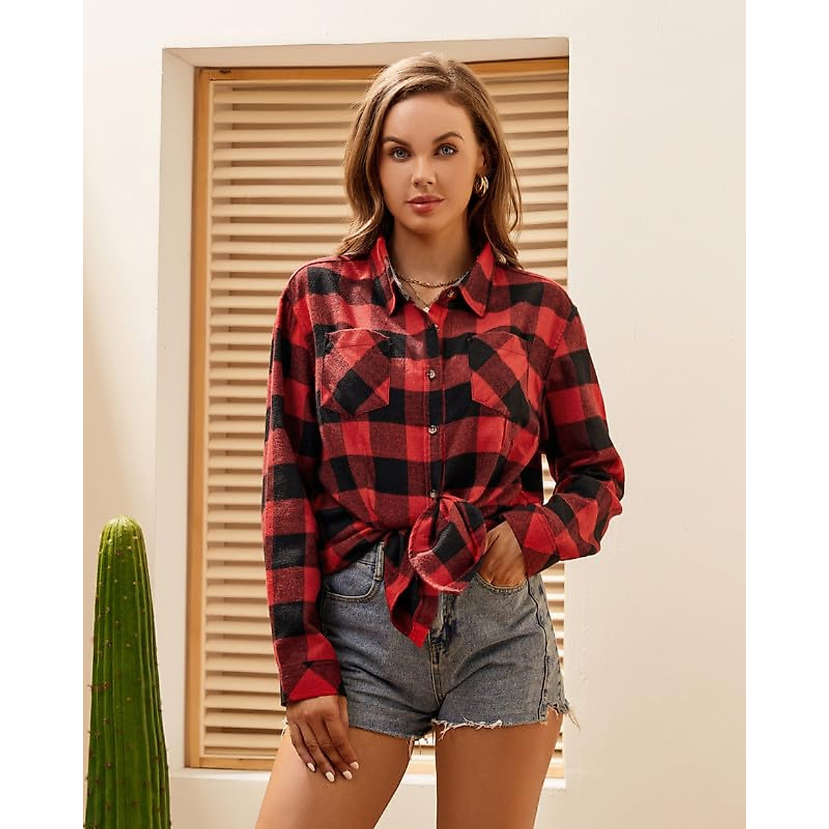 Damipow Flannel Shirt Women Long Sleeve Fall Blouse Ladies Casual Top Cute Clothes,Redt91,M