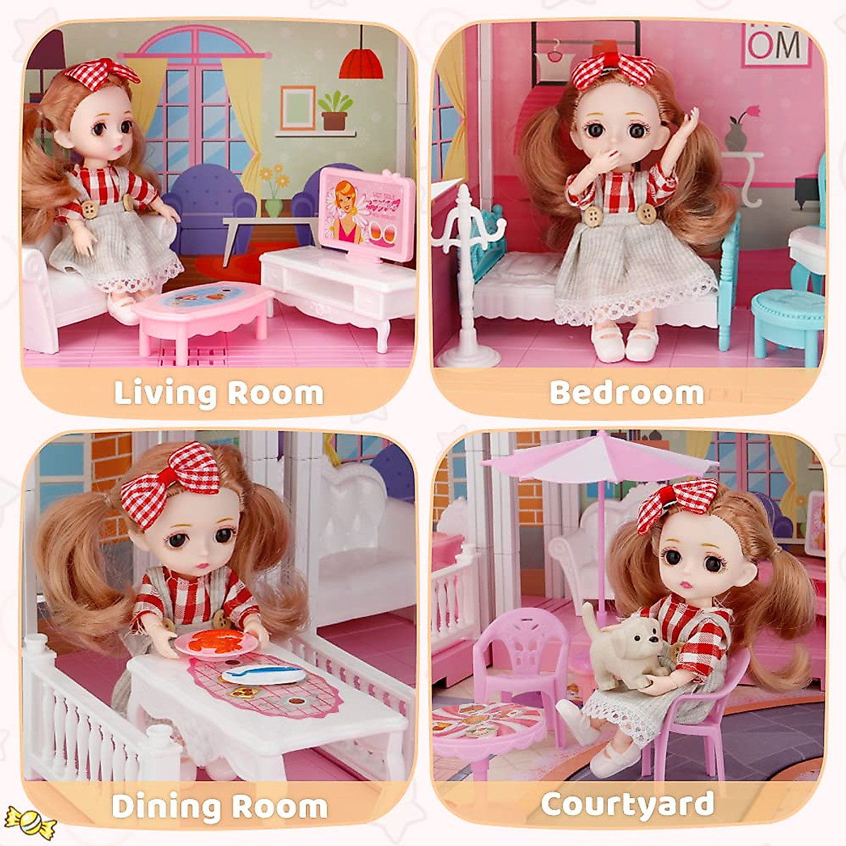 Mini Tudou Dollhouse for Girls, Doll House with Lights, Play Mat and Dolls, DIY Building Pretend Play House with Accessories Furniture and Household Items,Playhouse for Girls 3-12 (3 Rooms)