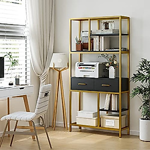 HITHOS Bookshelf, Tall Bookcase with 2 Drawers and Storage Shelves, Industrial Etagere Bookcase Book Shelves for Office, Living Room, Black/Gold