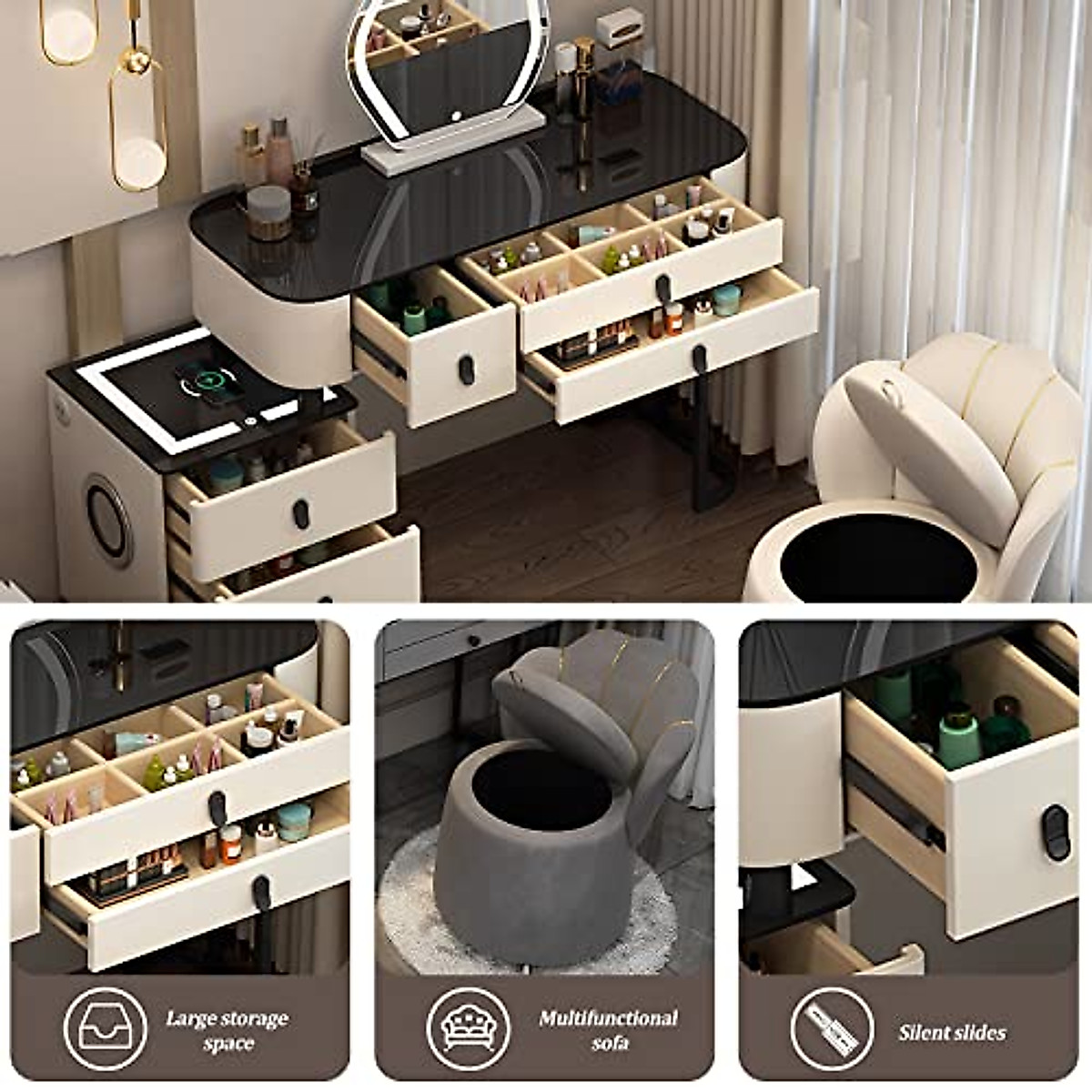 YIMAKEY Vanity Desk Mirror Lights Bluetooth: Smart Makeup Table Also with Chair, Wireless Charging, Bluetooth Speakers, and 5 Drawers - Ultimate Makeup Station for Bedroom Set (Pink+White 47 inch)